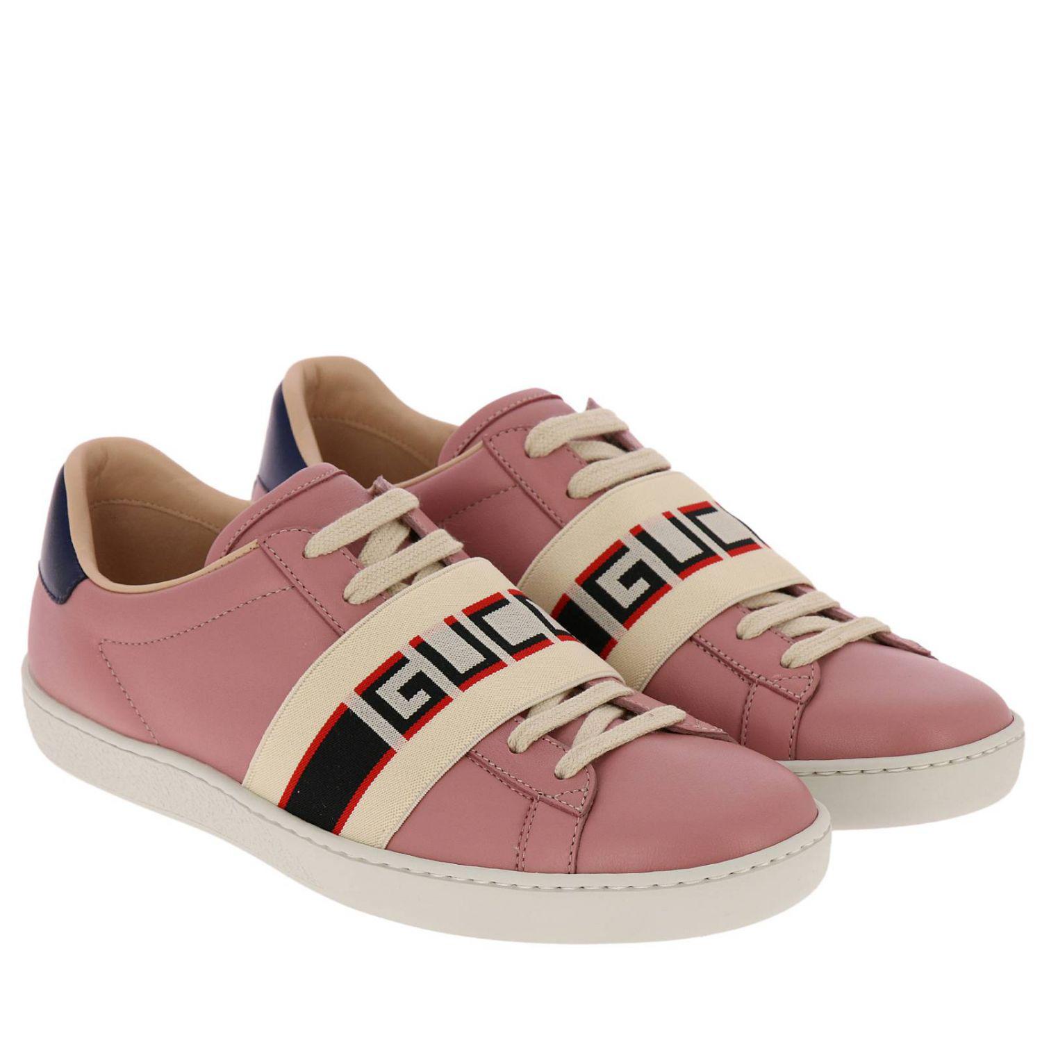 Gucci Leather Ace Sneaker With Stripe in Pink - Lyst
