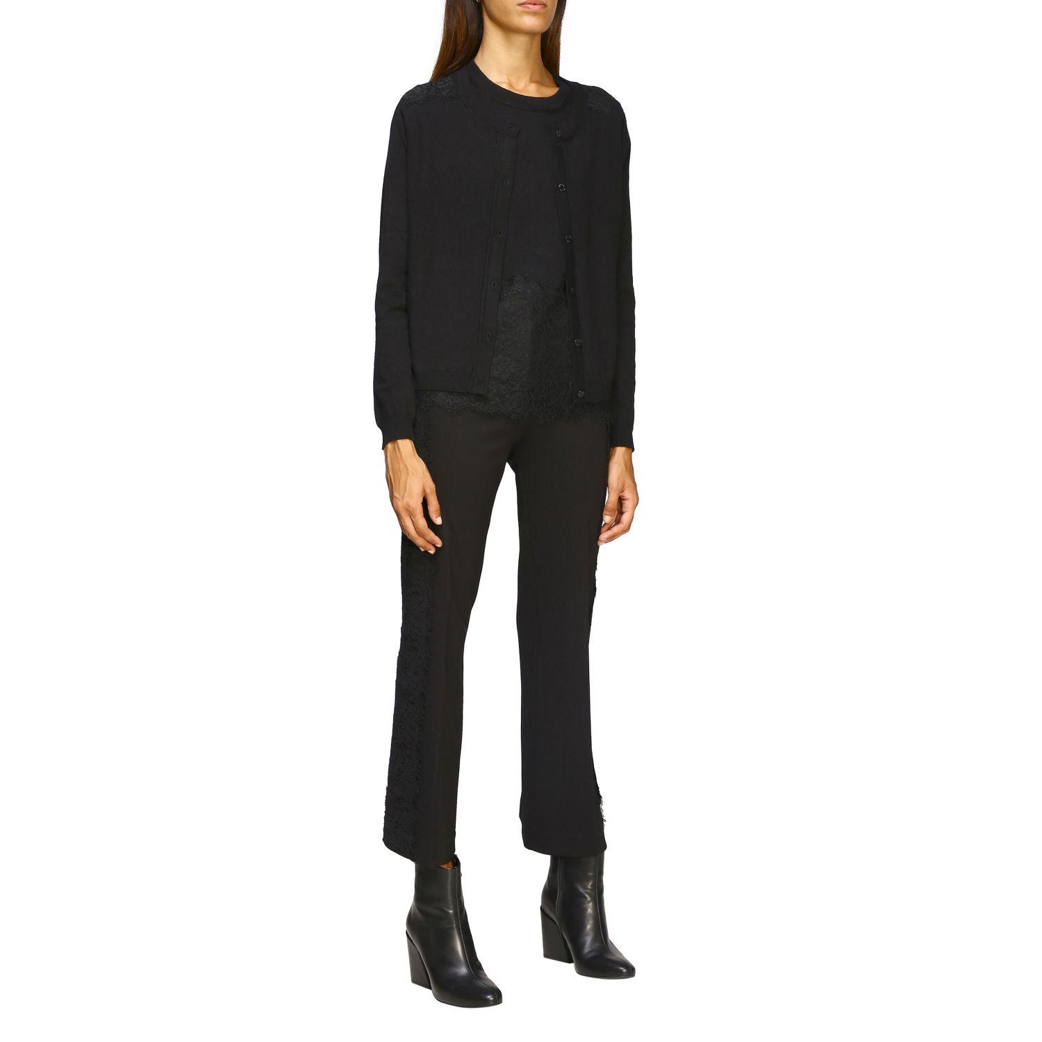 Twin Set Twin-set Crew-neck Cardigan With Floral Lace in Black - Lyst