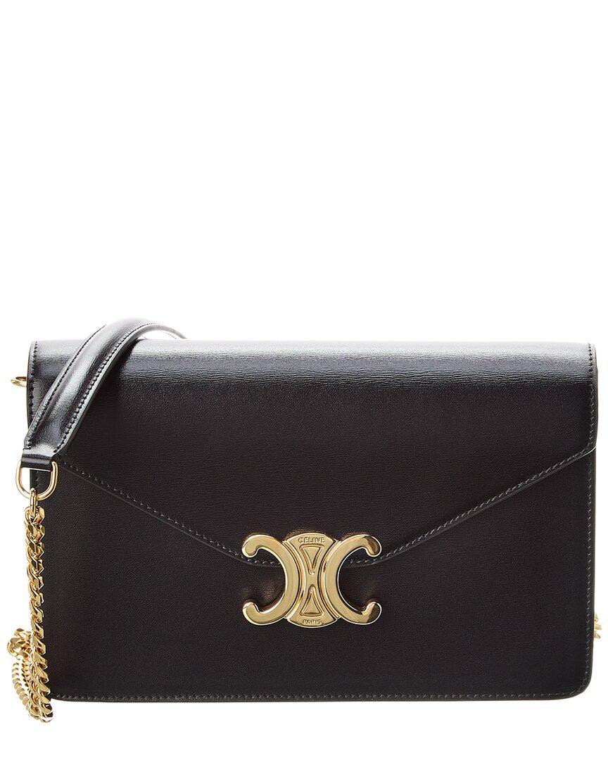Celine Triomphe Leather Wallet On Chain in Black | Lyst
