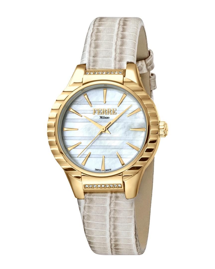 Ferrè Milano Leather Quartz White Dial Ladies Watch in Gold Tone,White ...