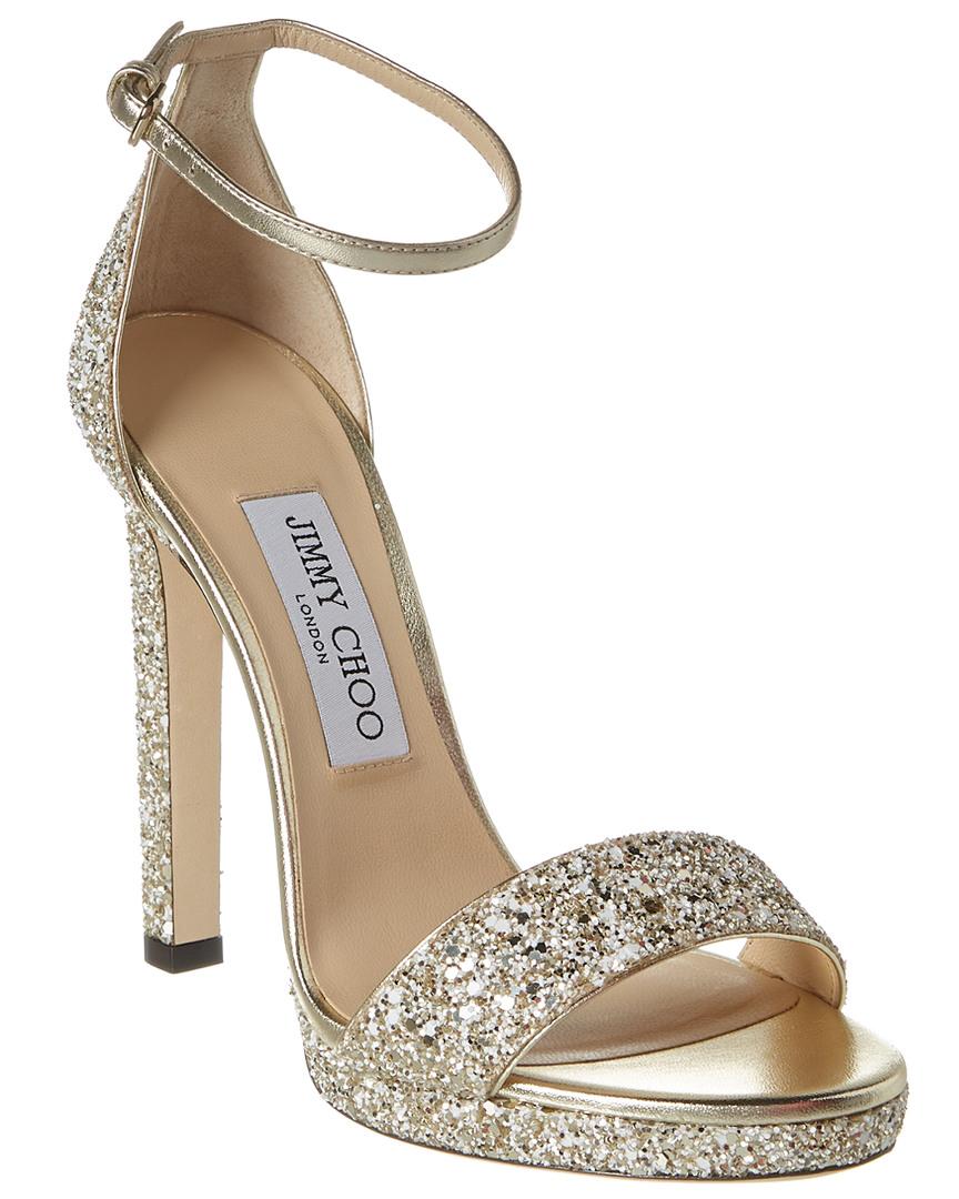 Jimmy Choo Leather Misty 120 Glitter Sandal in Gold (Metallic) - Lyst