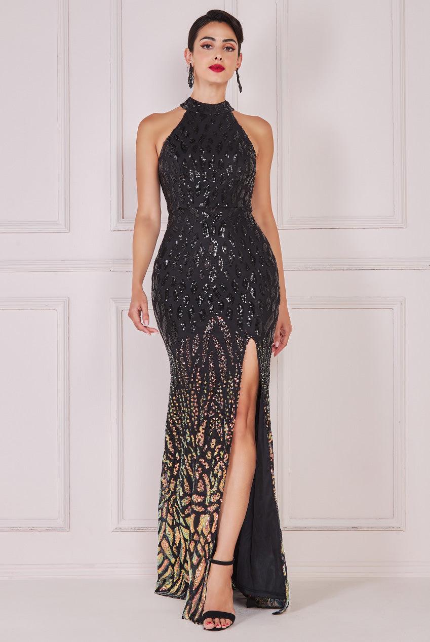 Goddiva Ombre Sequin Halter Maxi With Thigh Split in Black | Lyst