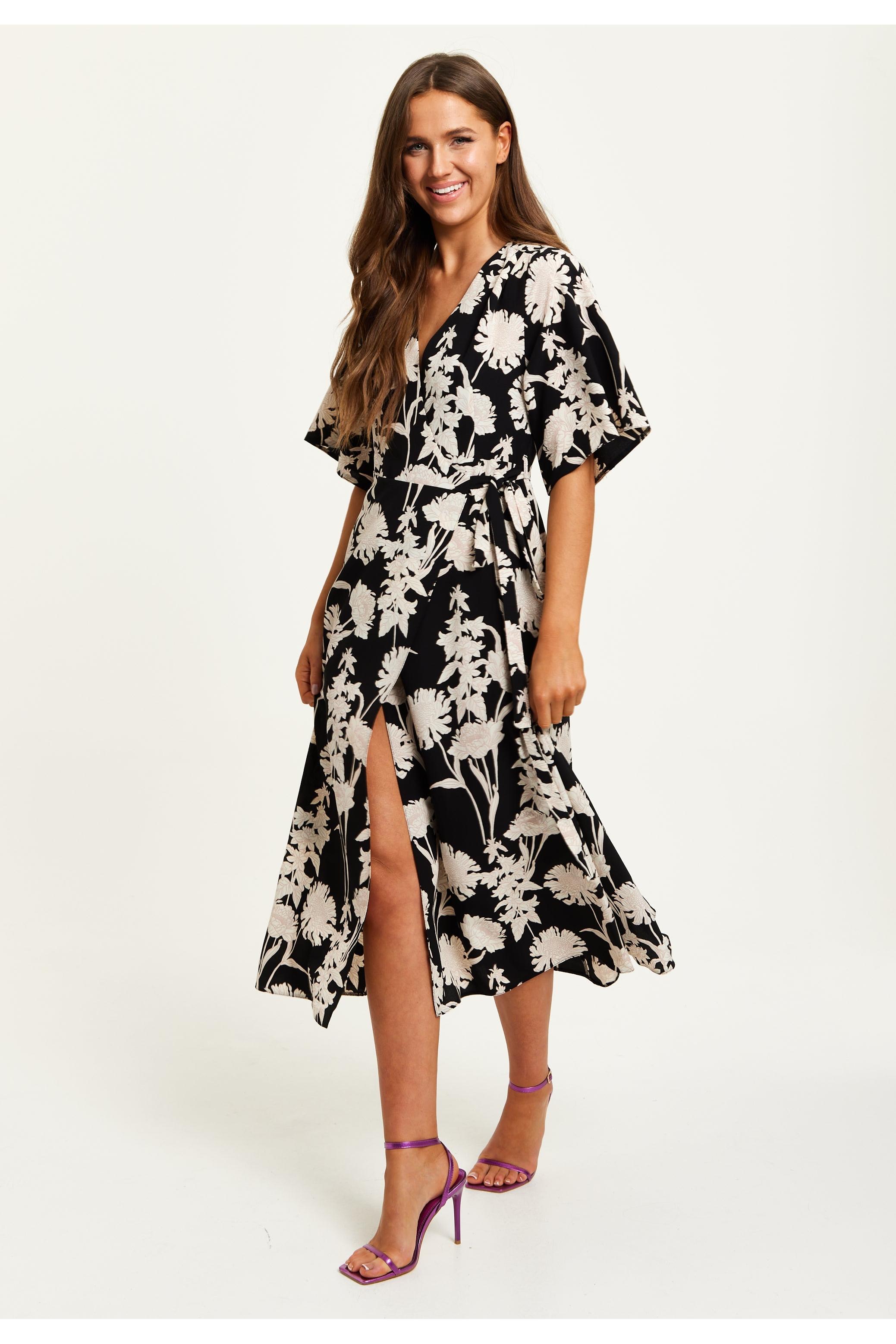 Liquorish Floral Print Midi Wrap Dress With Kimono Sleeves In Black