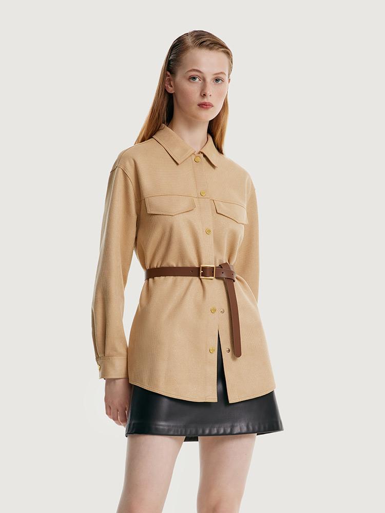 GOELIA Faux Suede Jacket With Leather Belt in Natural | Lyst