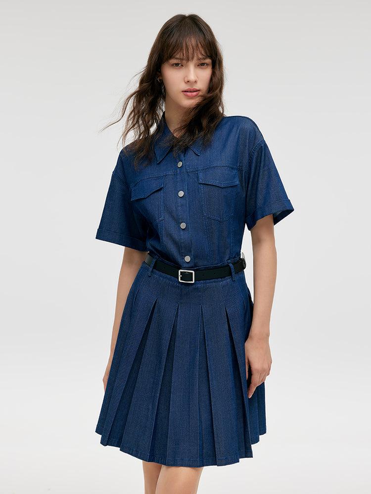 GOELIA Double-Layer Denim Mini Dress With Belt in Blue | Lyst