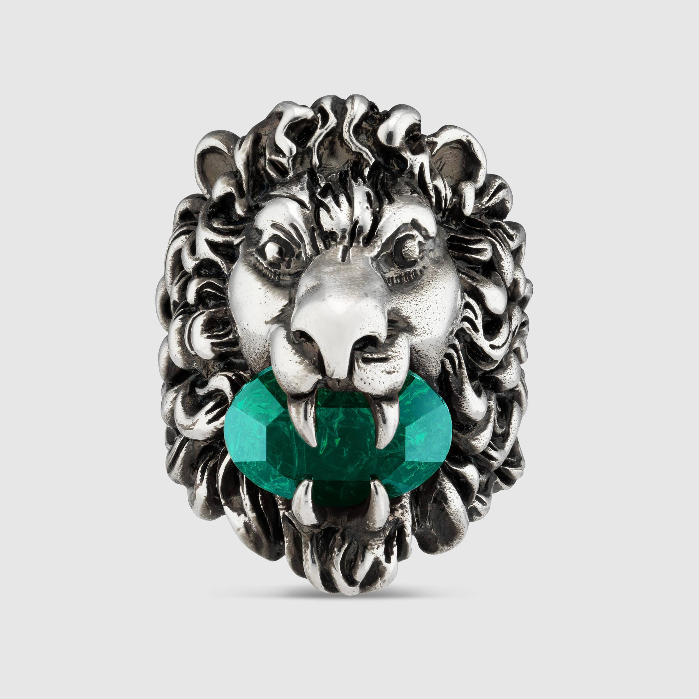 Gucci Lion Head Ring With Crystal in Green - Save 5% | Lyst
