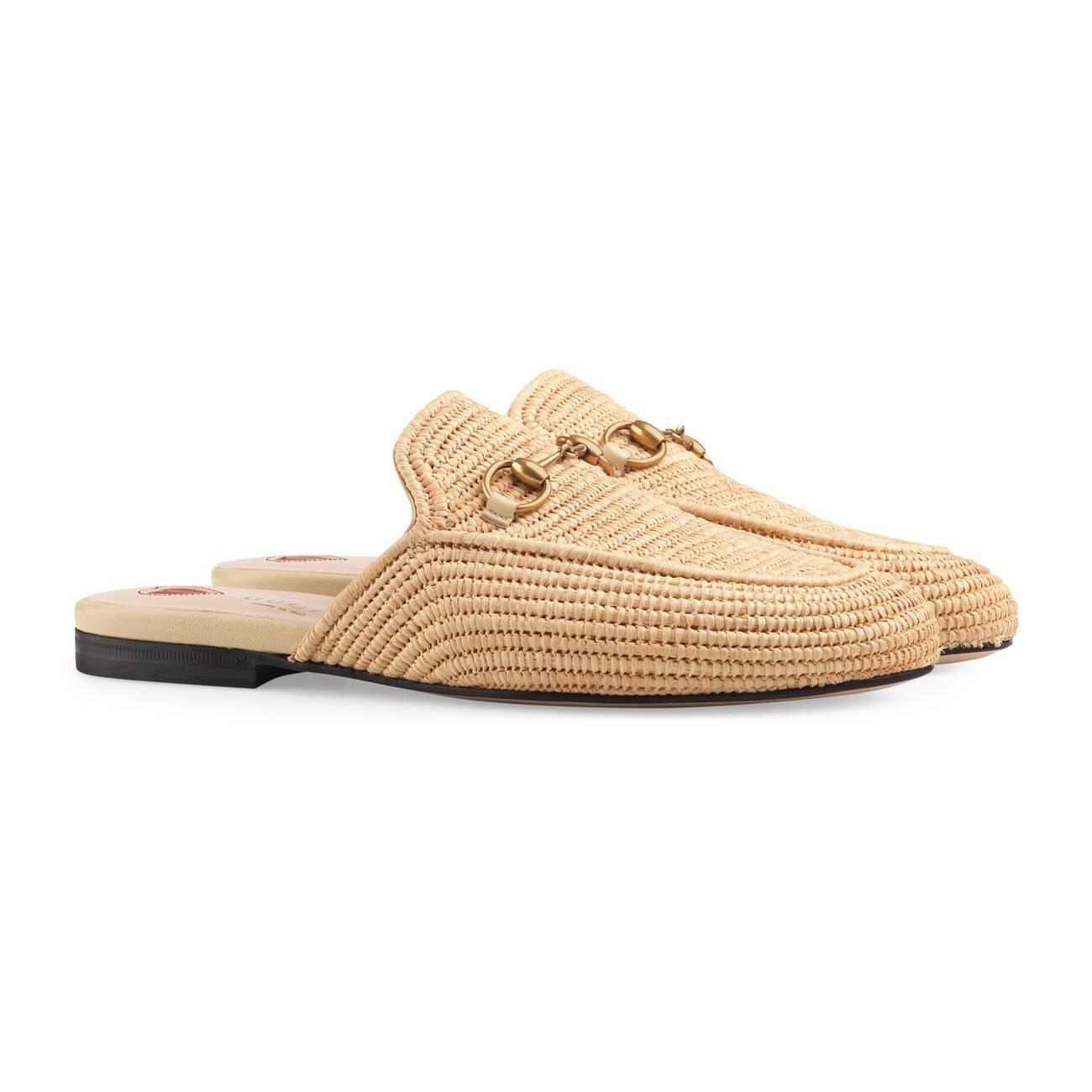 Gucci Leather Princetown Raffia Slipper in Beige (Natural) - Lyst