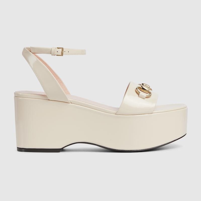 Gucci Horsebit Flatform Sandal in White | Lyst
