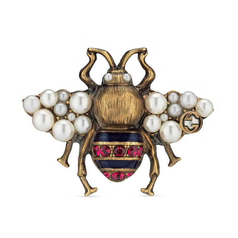 Gucci Bee Brooch With Crystals And Pearls in Blue - Lyst
