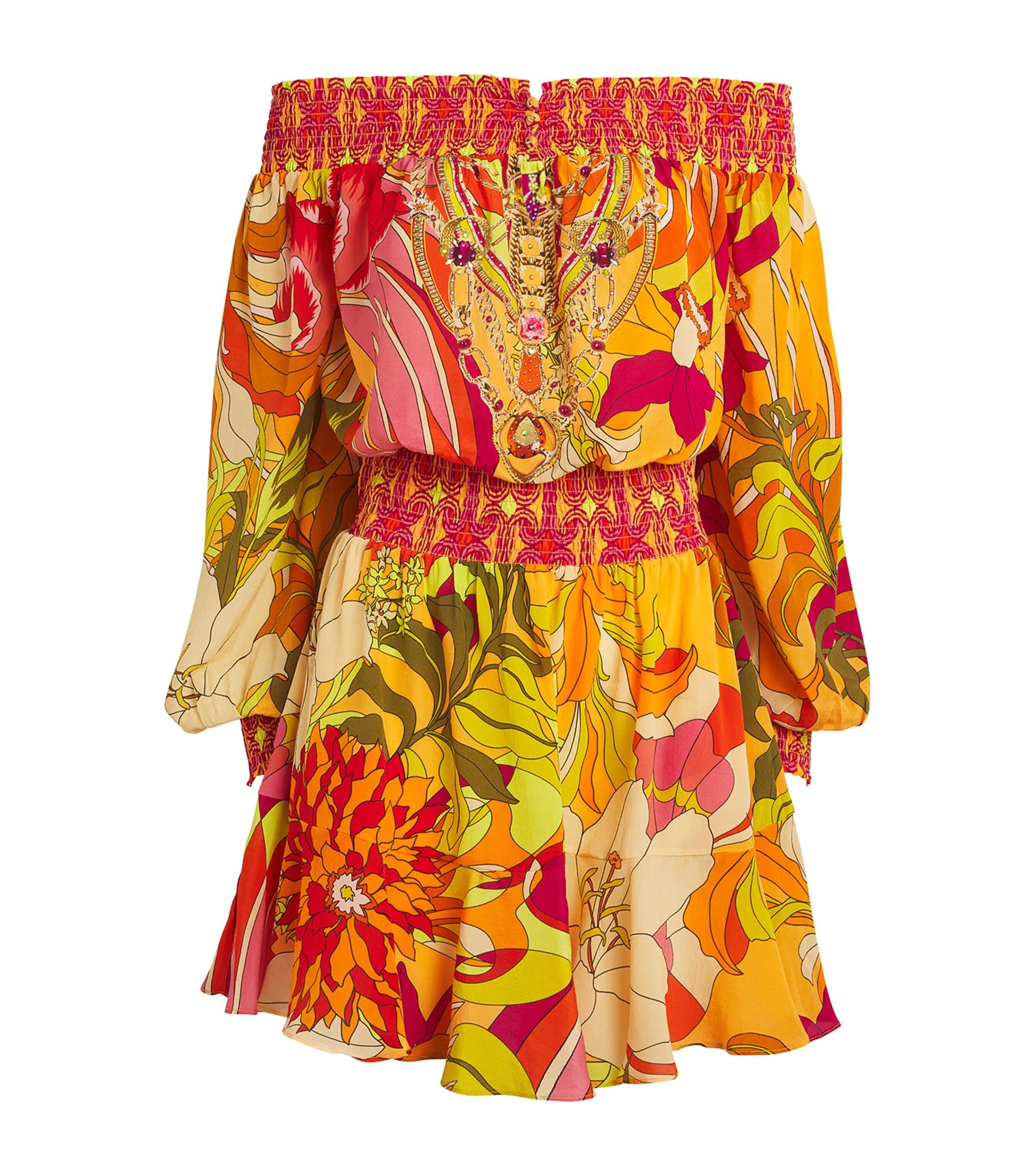 CAMILLA Silk Floral Crystal-Embellished Dress in Orange | Lyst