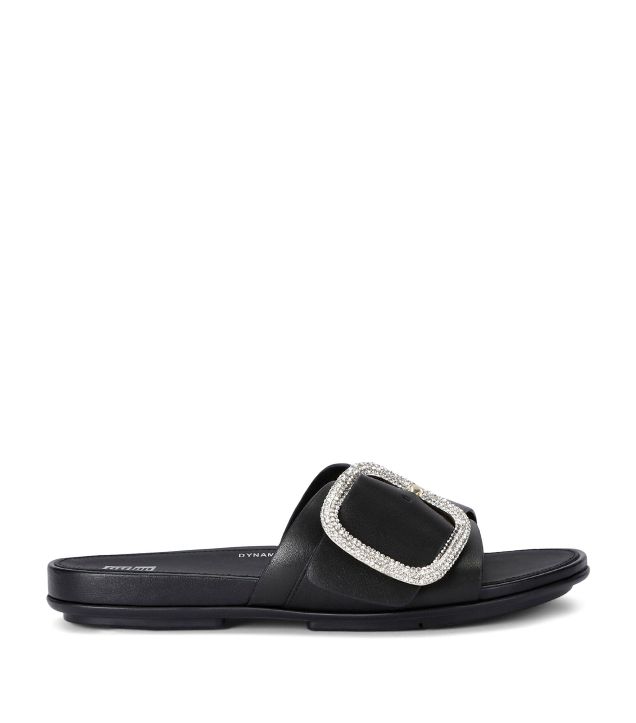Fitflop Leather Crystal-Buckle Gracie Slides in Black | Lyst