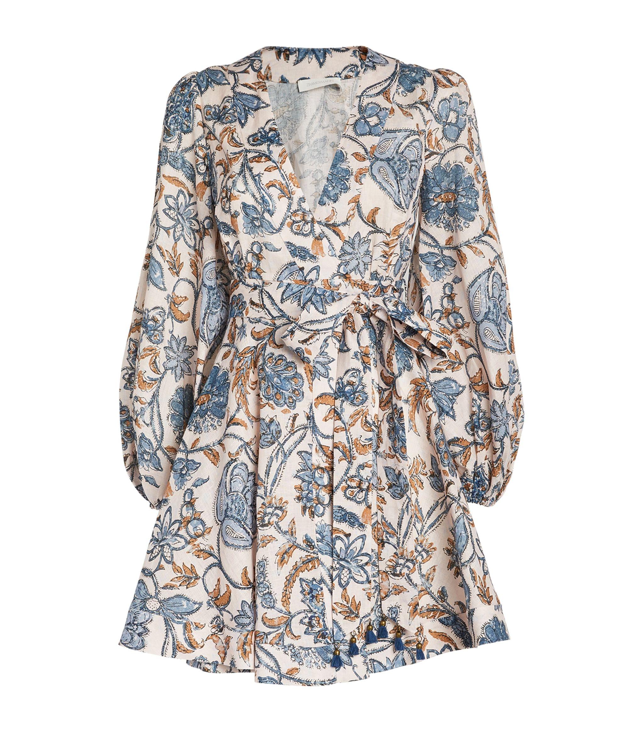 Zimmermann Linen Floral Vitali Mini Dress In Blue Lyst