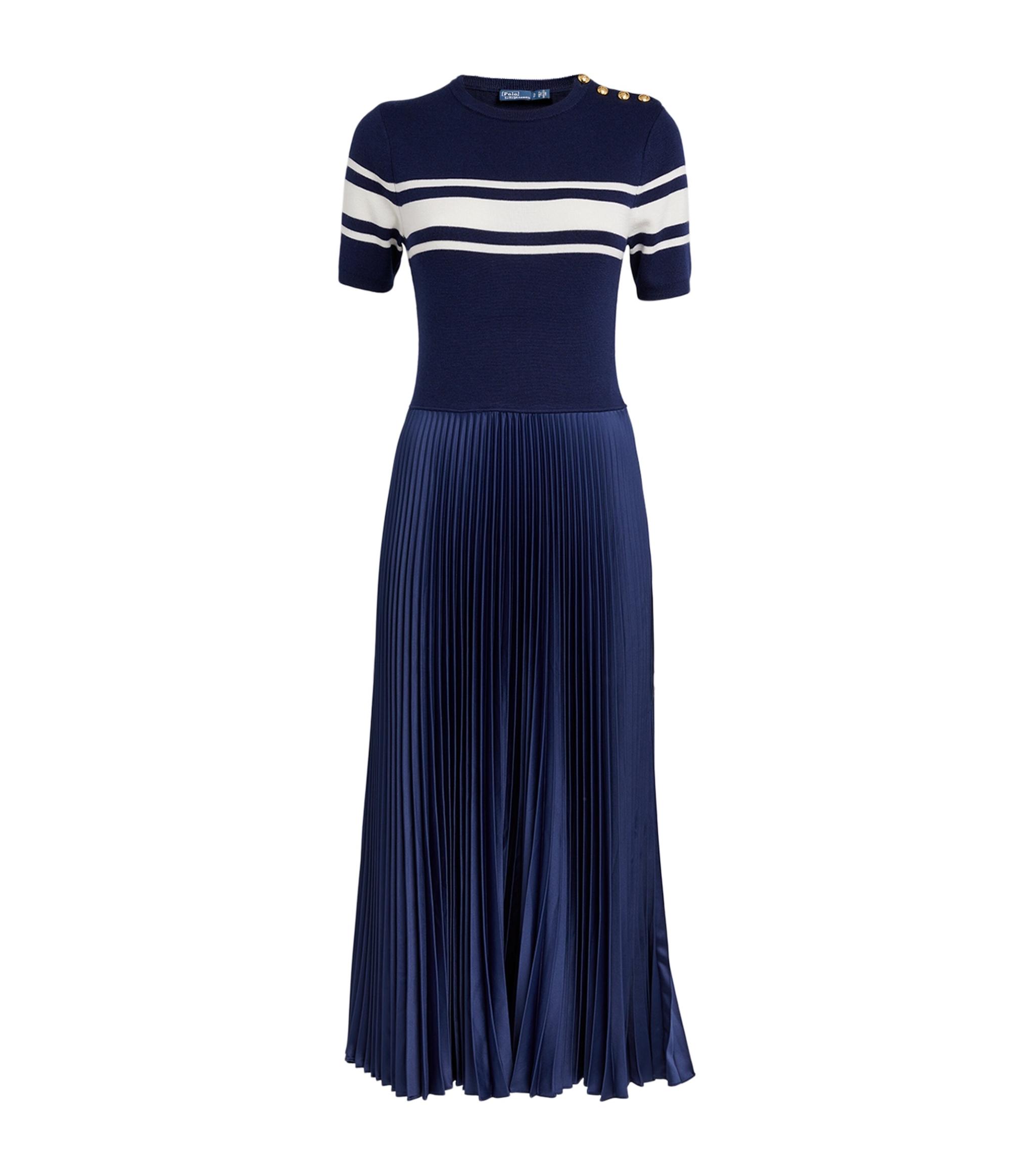 Polo Ralph Lauren Striped Pleated Midi Dress in Blue | Lyst