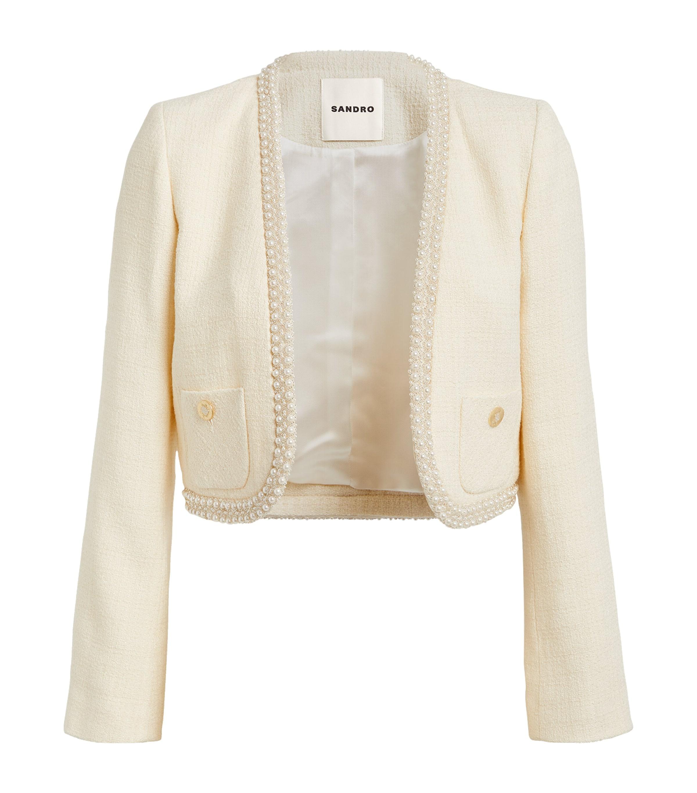 Sandro Tweed Beaded Cropped Jacket in White | Lyst