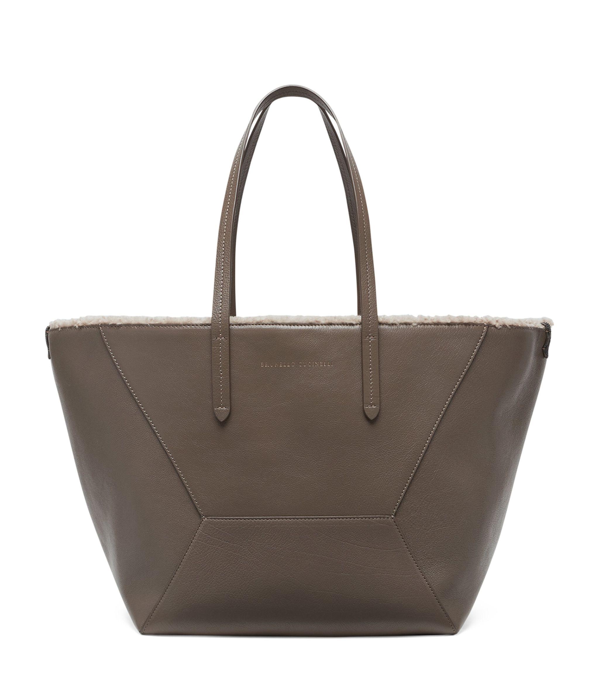 Brunello Cucinelli Leather Shearling-Lined Shopper Bag in Brown | Lyst