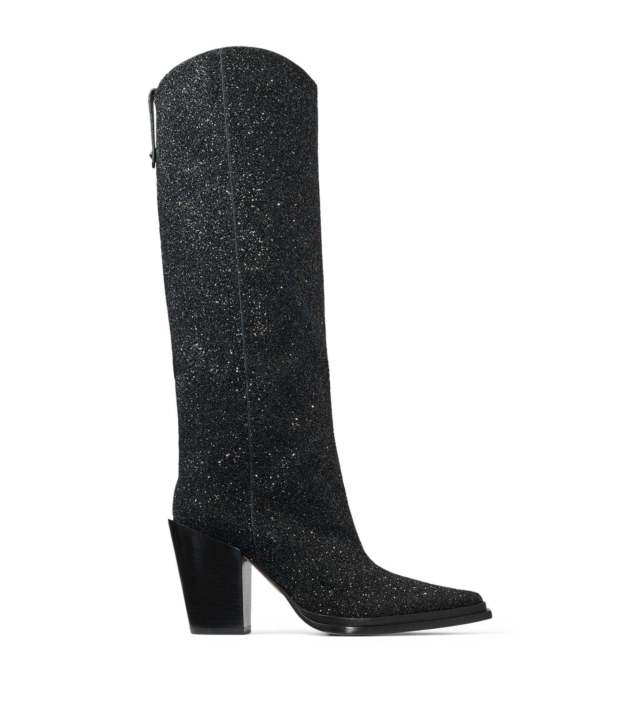 Jimmy Choo Cece 80 Glitter Knee-High Boots in Black | Lyst