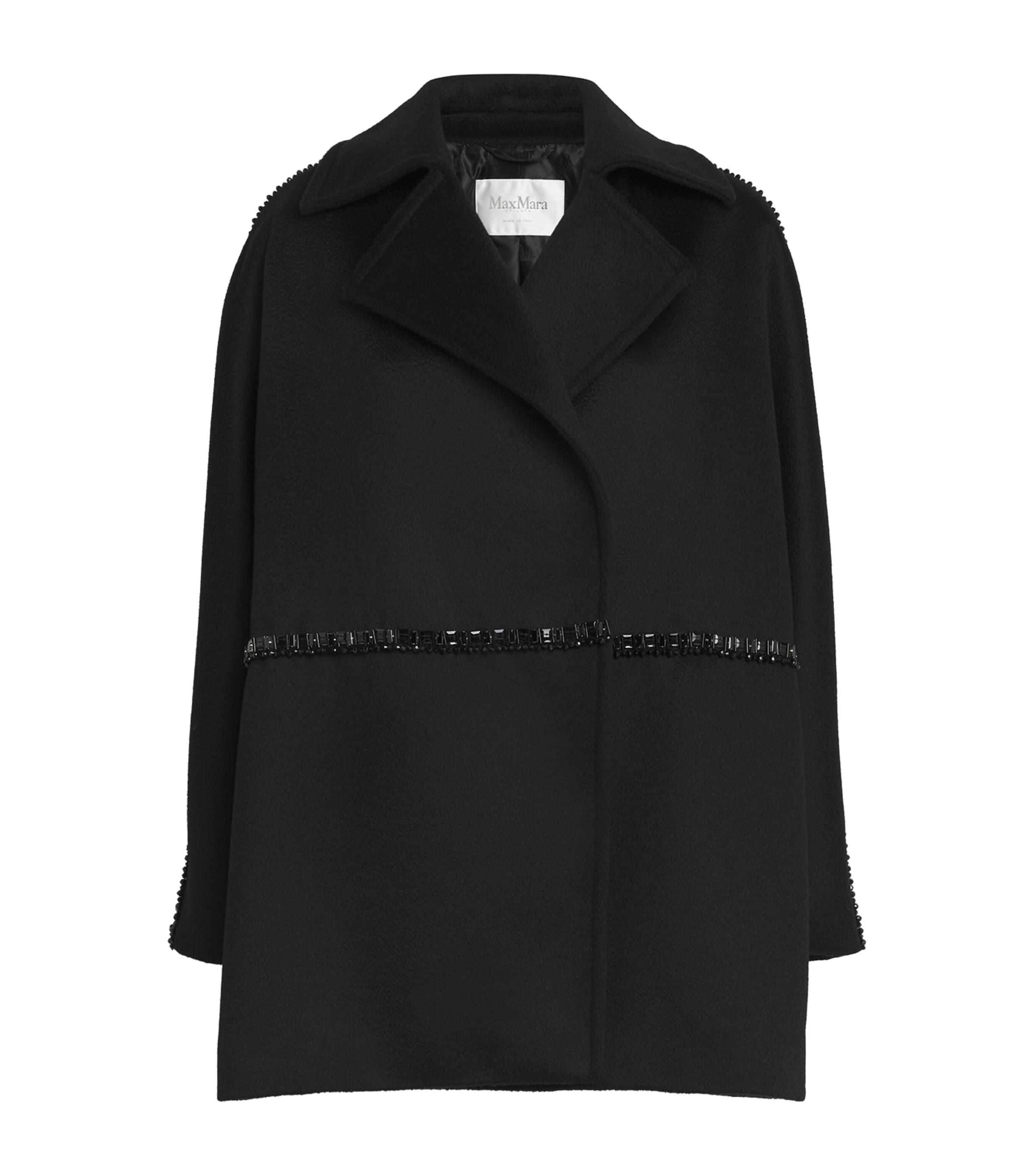 Max Mara Camel Hair Embellished Coat in Black | Lyst