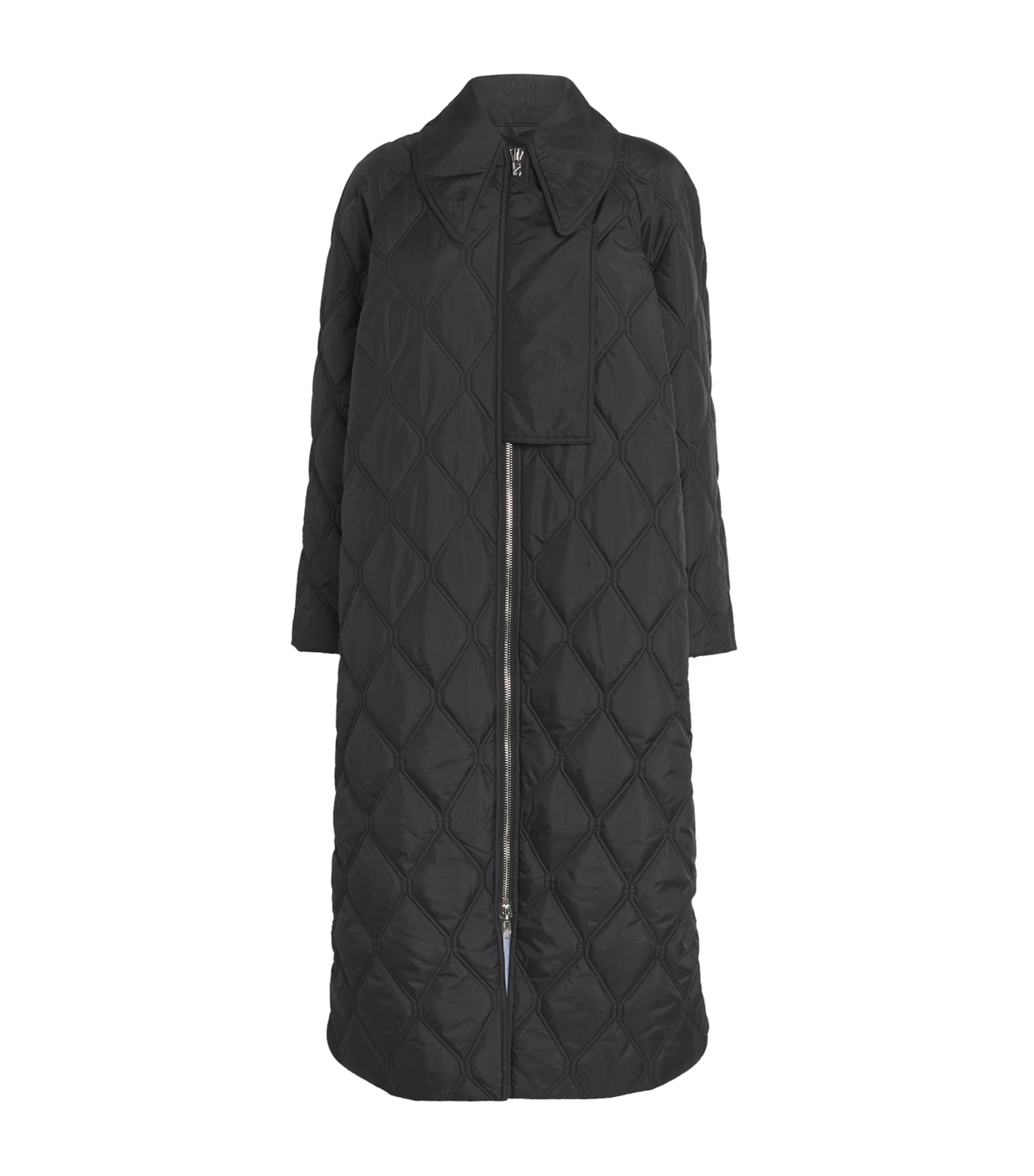 Ganni Quilted Ripstop Longline Coat in Black | Lyst