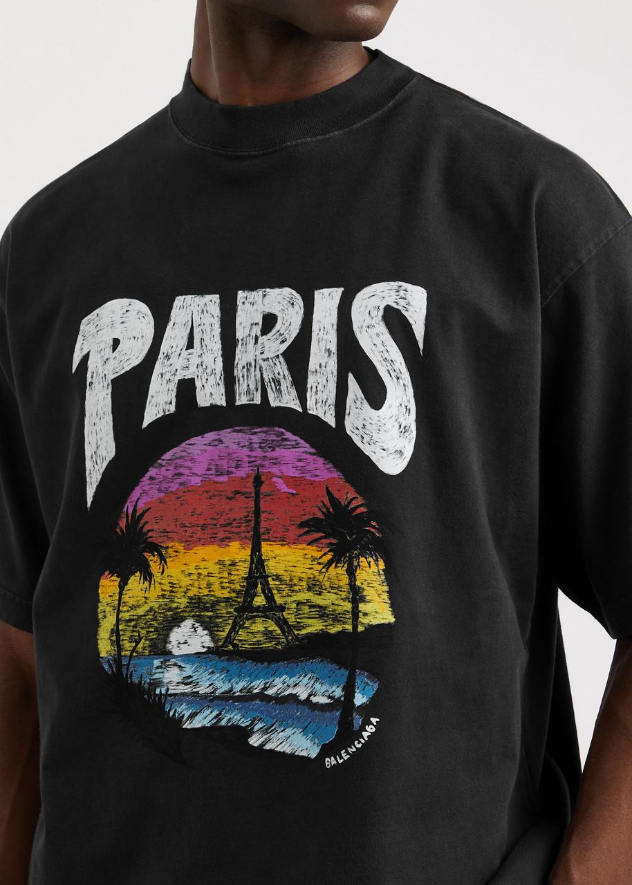Balenciaga Paris Tropical Printed Cotton T-Shirt in Black Balenciaga Paris Tropical Printed Cotton T-Shirt in Black