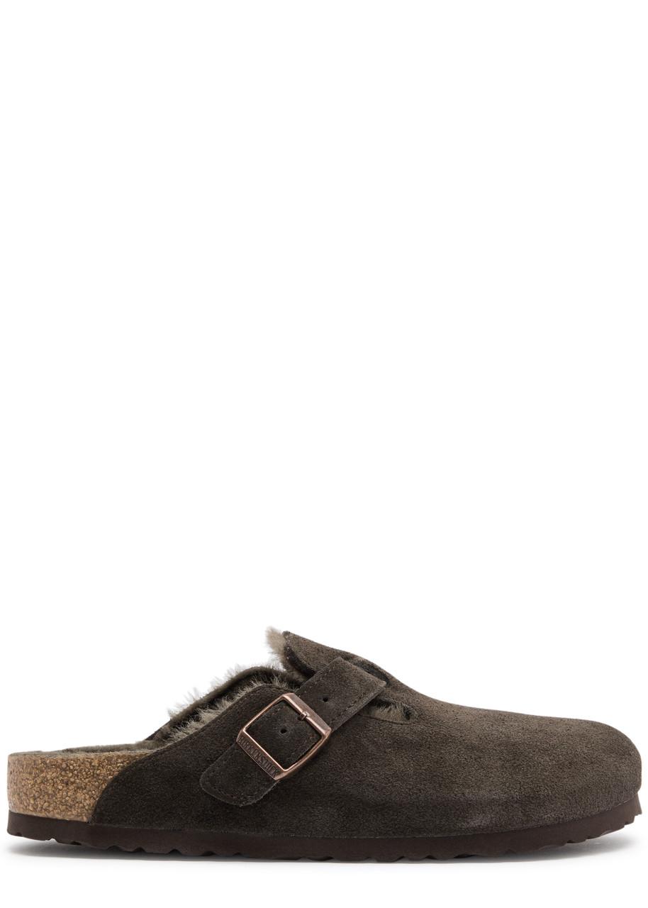 Birkenstock Boston Shearling Suede Sliders in Brown | Lyst