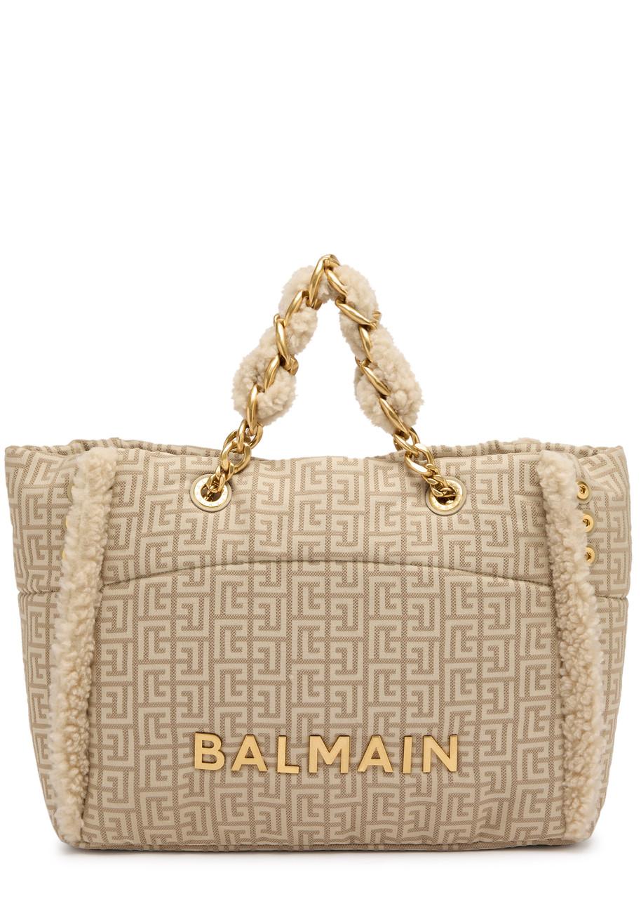 Balmain 1945 Shearling And Monogram-Jacquard Tote in Natural | Lyst
