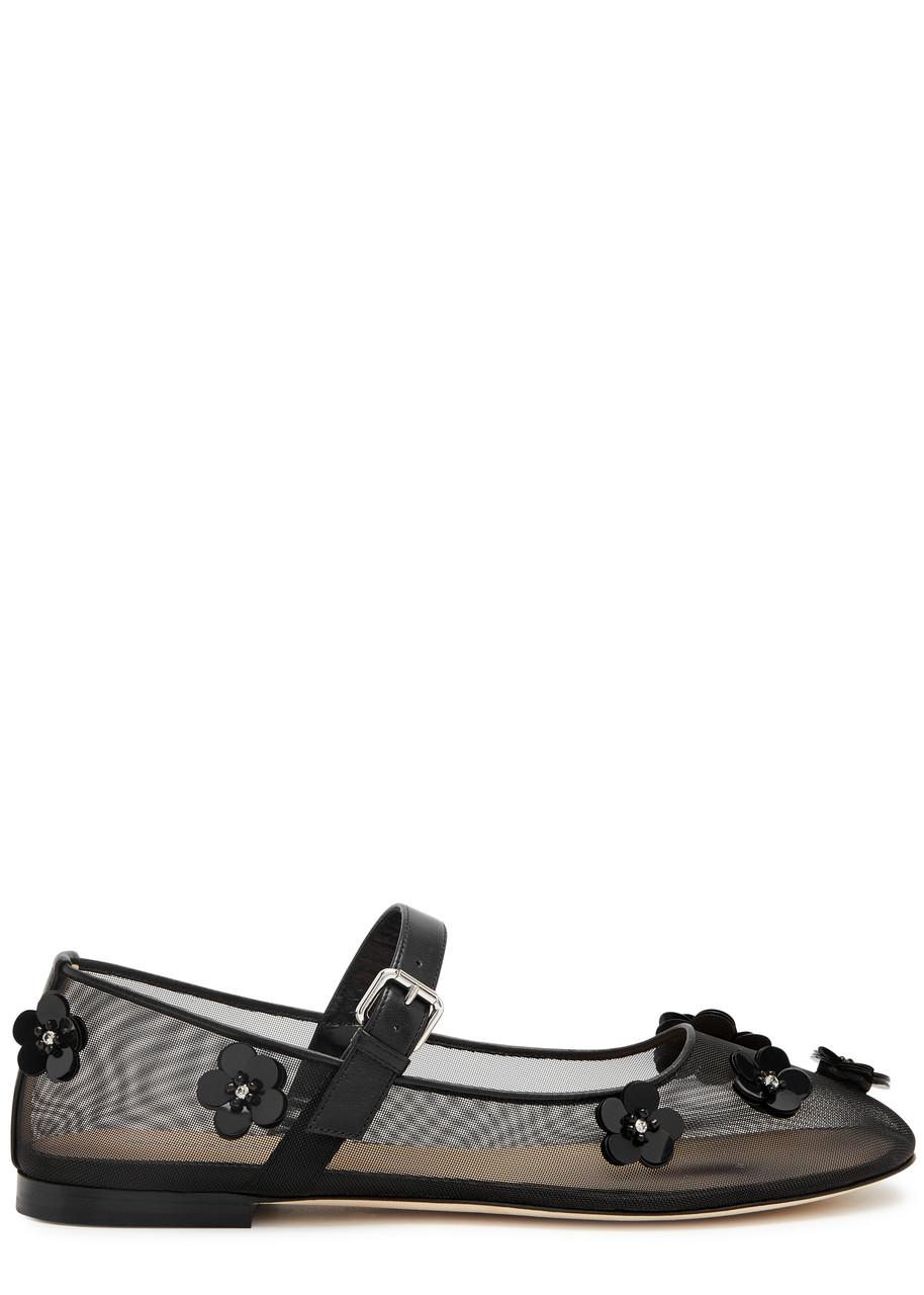 Mach & Mach Sequin Flower Mesh Ballet Flats in Black | Lyst