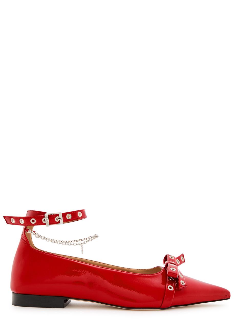 Ganni Chain-Embellished Patent Faux Leather Flats in Red | Lyst