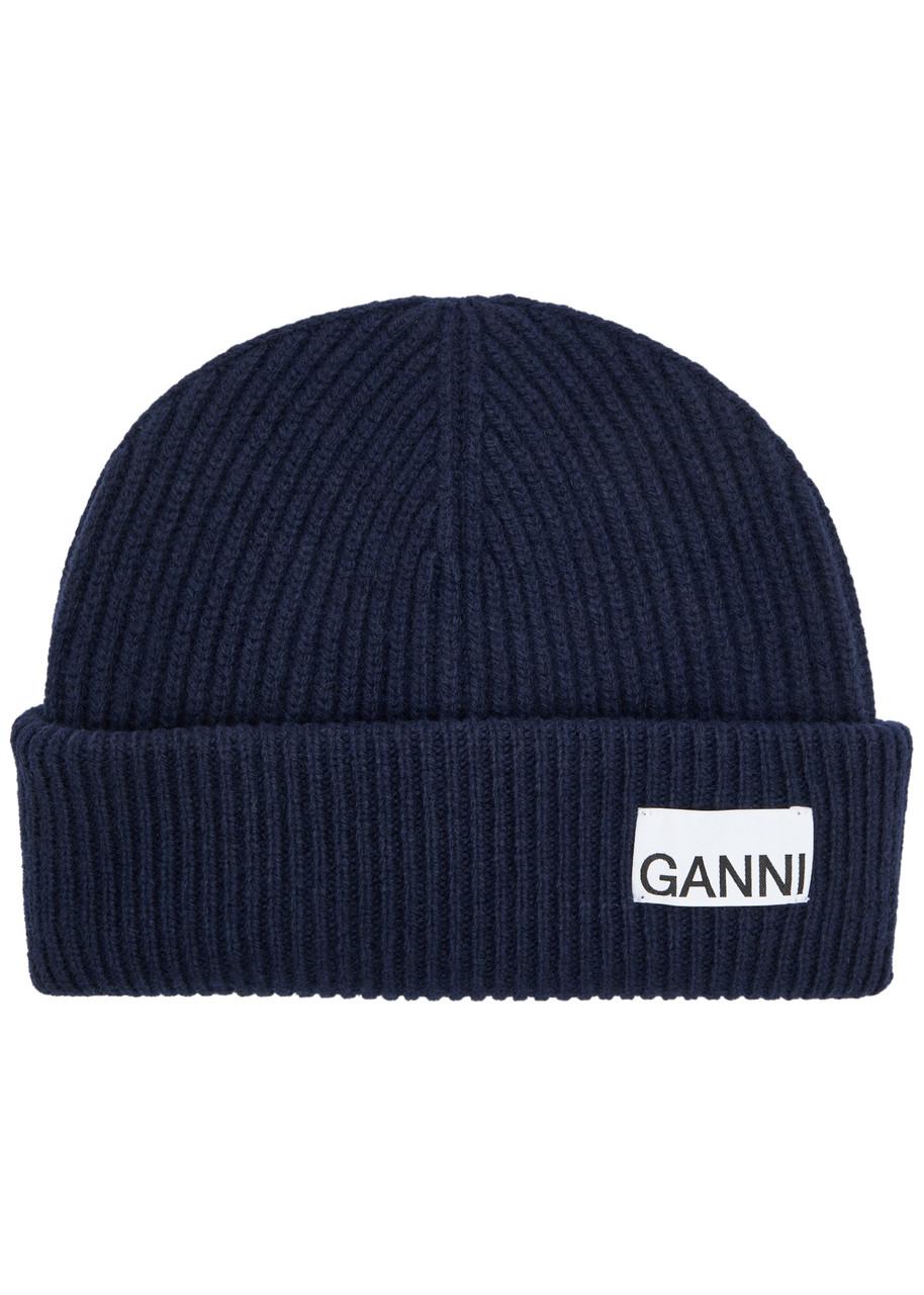 Ganni Logo Ribbed Wool-Blend Beanie in Blue | Lyst UK