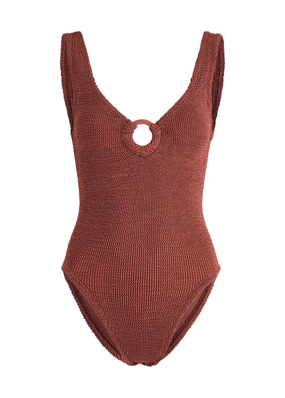Hunza G Celine Cut-Out Seersucker Swimsuit, , , V-Neck, Cut-Out Ring ...