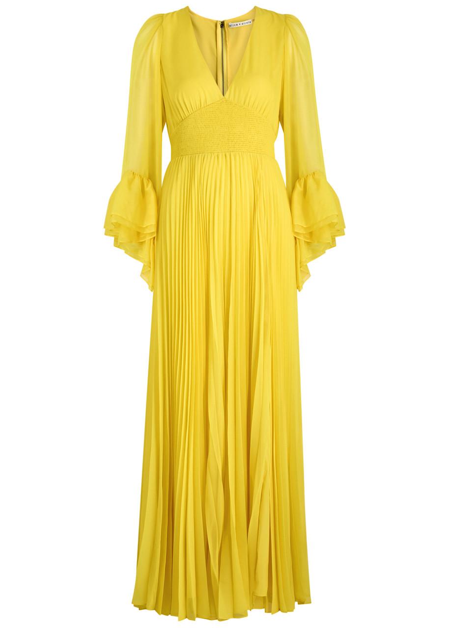 Alice + Olivia Pleated Chiffon Maxi Dress in Yellow | Lyst