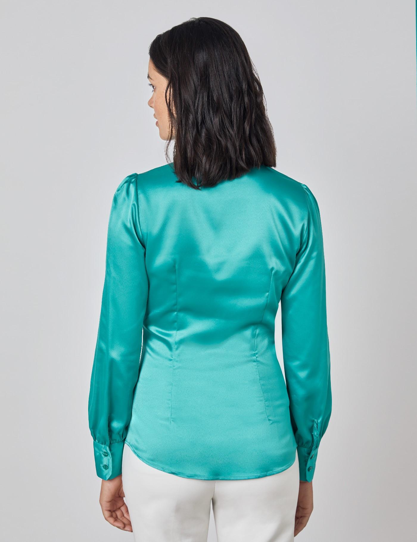 Hawes And Curtis Curtis Fitted Satin Blouse In Jade Size 10 Single Cuff