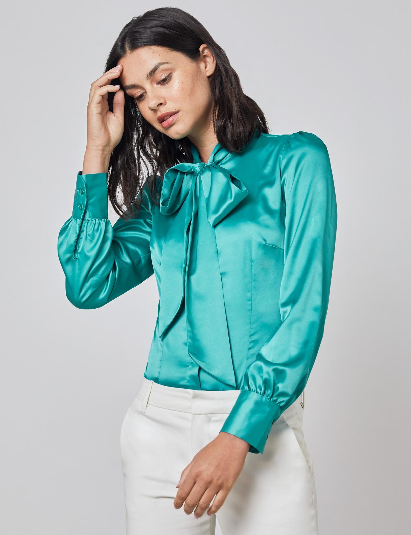 Hawes And Curtis Curtis Fitted Satin Blouse In Jade Size 10 Single Cuff
