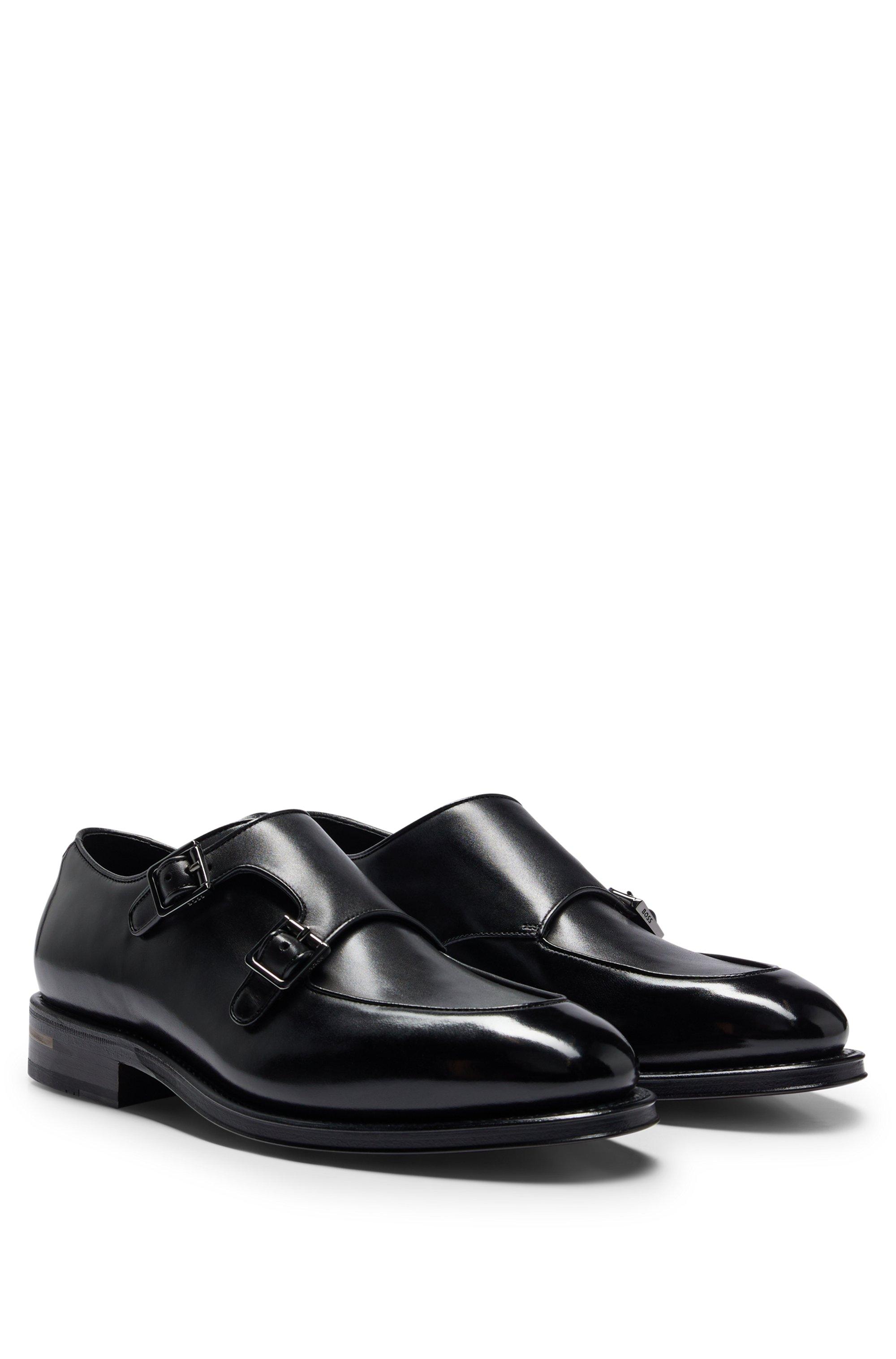BOSS Double-monk Shoes In Burnished Italian Leather in Black for Men | Lyst