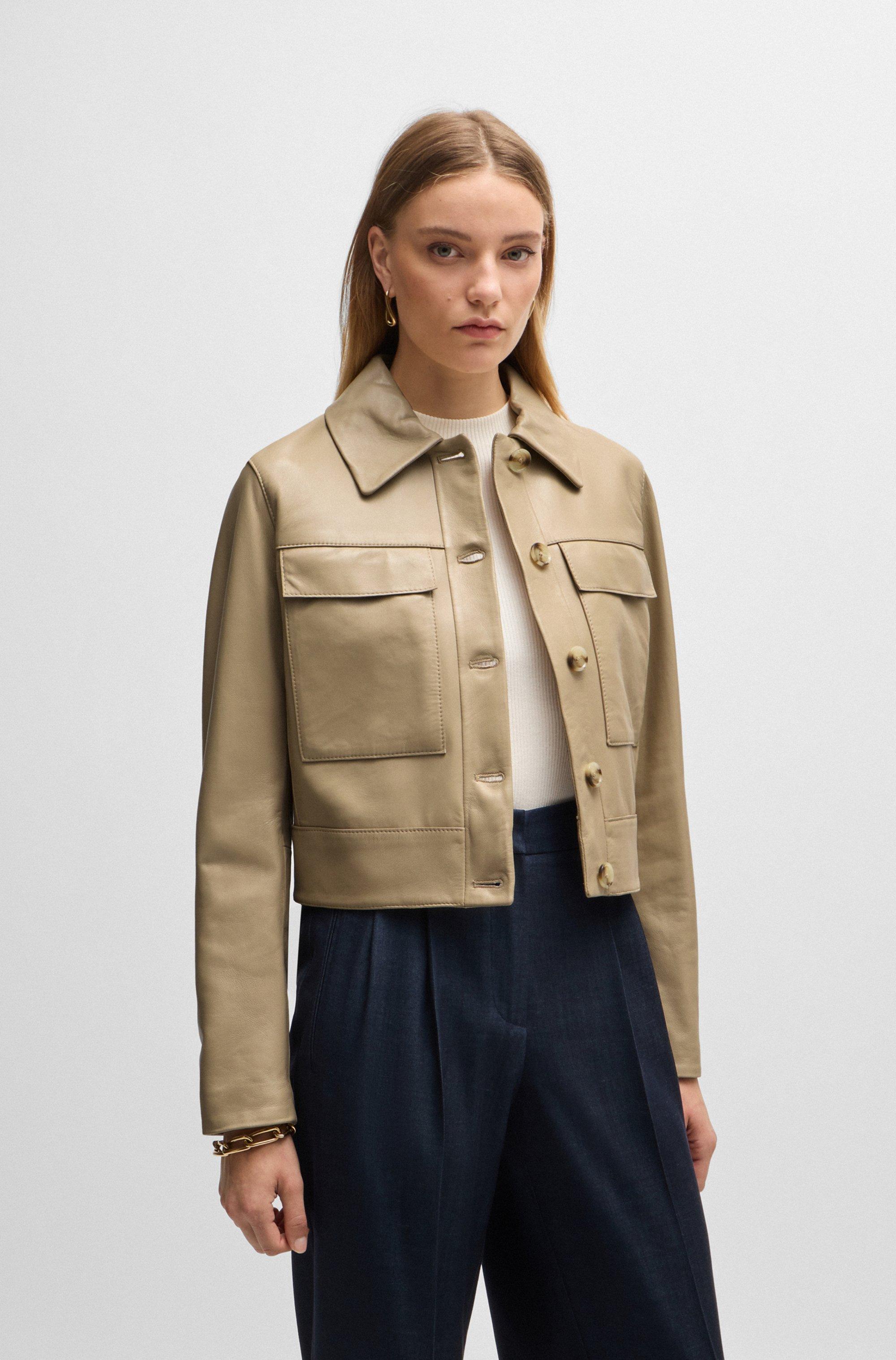 BOSS Leather Jacket With Contrast Cuffs And Buttoned Closure in Blue | Lyst