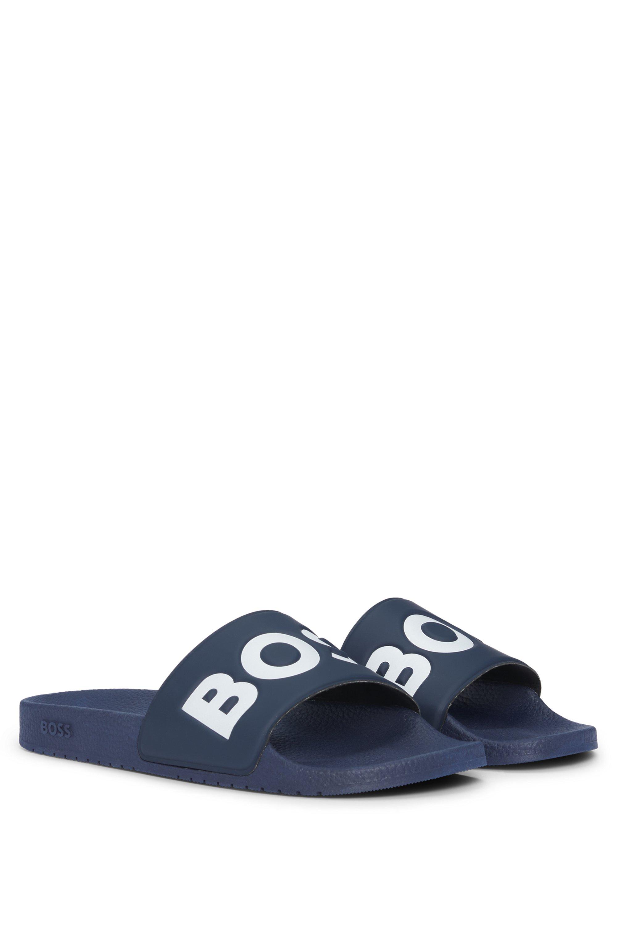 BOSS Italian-made Slides With Large Logo Detail in Blue for Men | Lyst
