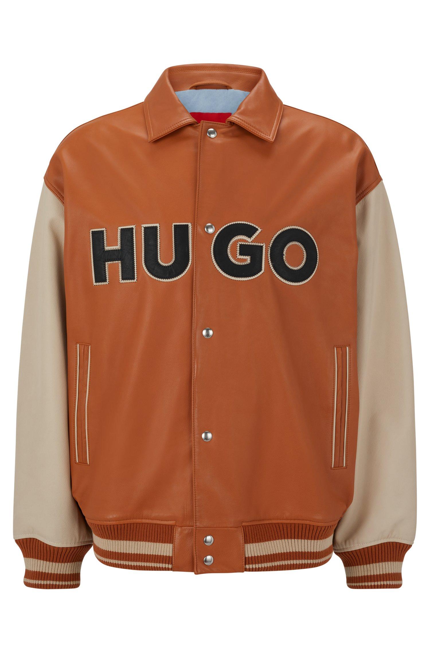 HUGO Colour-blocked Logo Varsity Jacket In Leather in Brown for Men ...