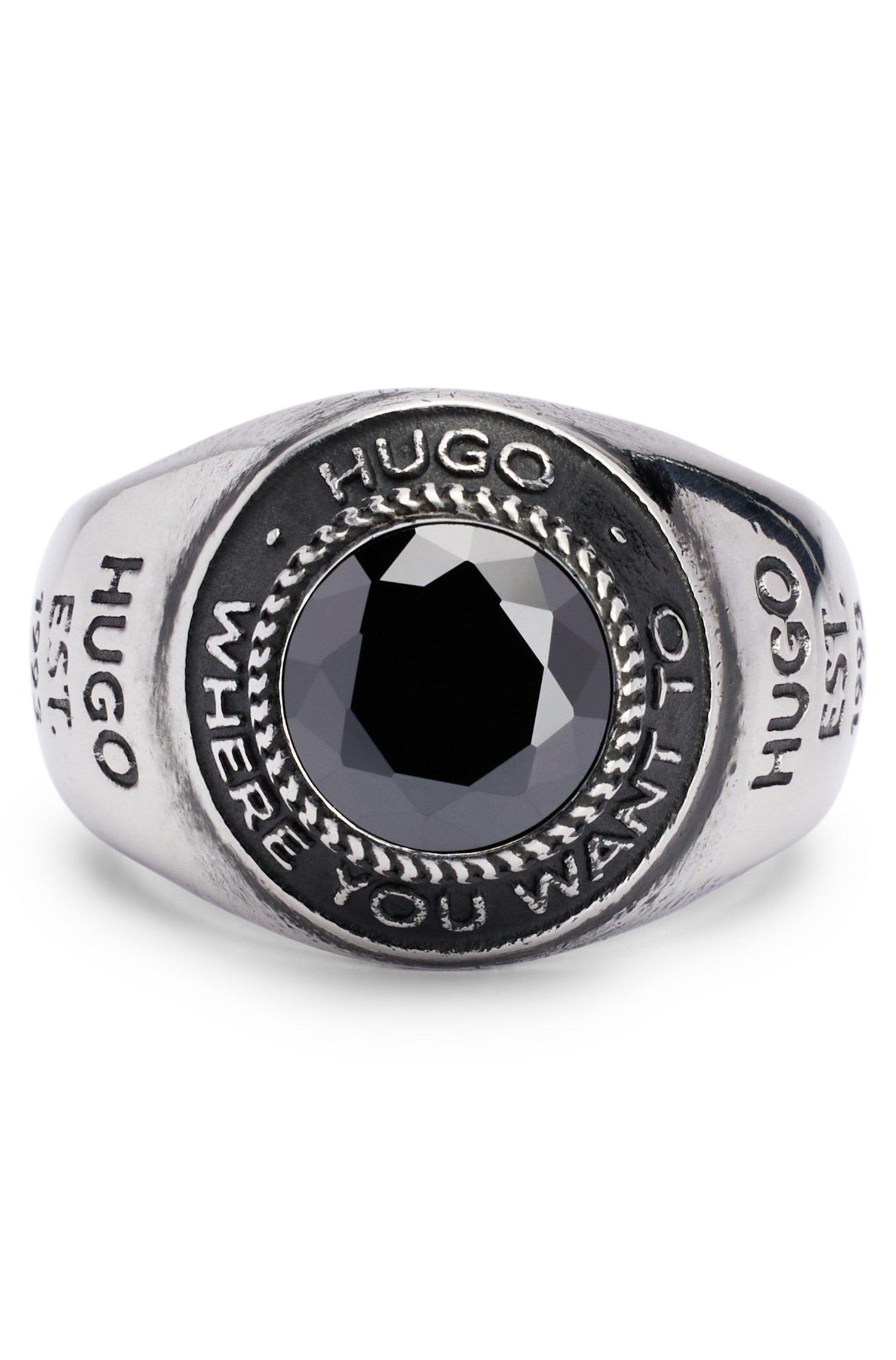 HUGO Stainless-steel Slogan-engraved Signet Ring With Black Stone for ...
