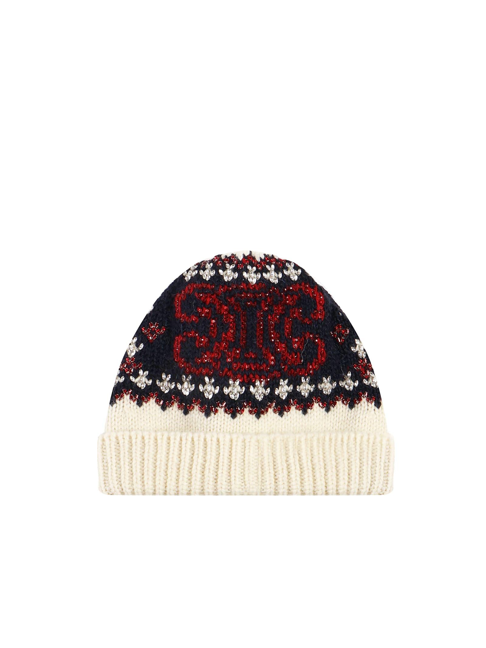 Celine Fair Isle Wool Embroidery Cap in Red | Lyst