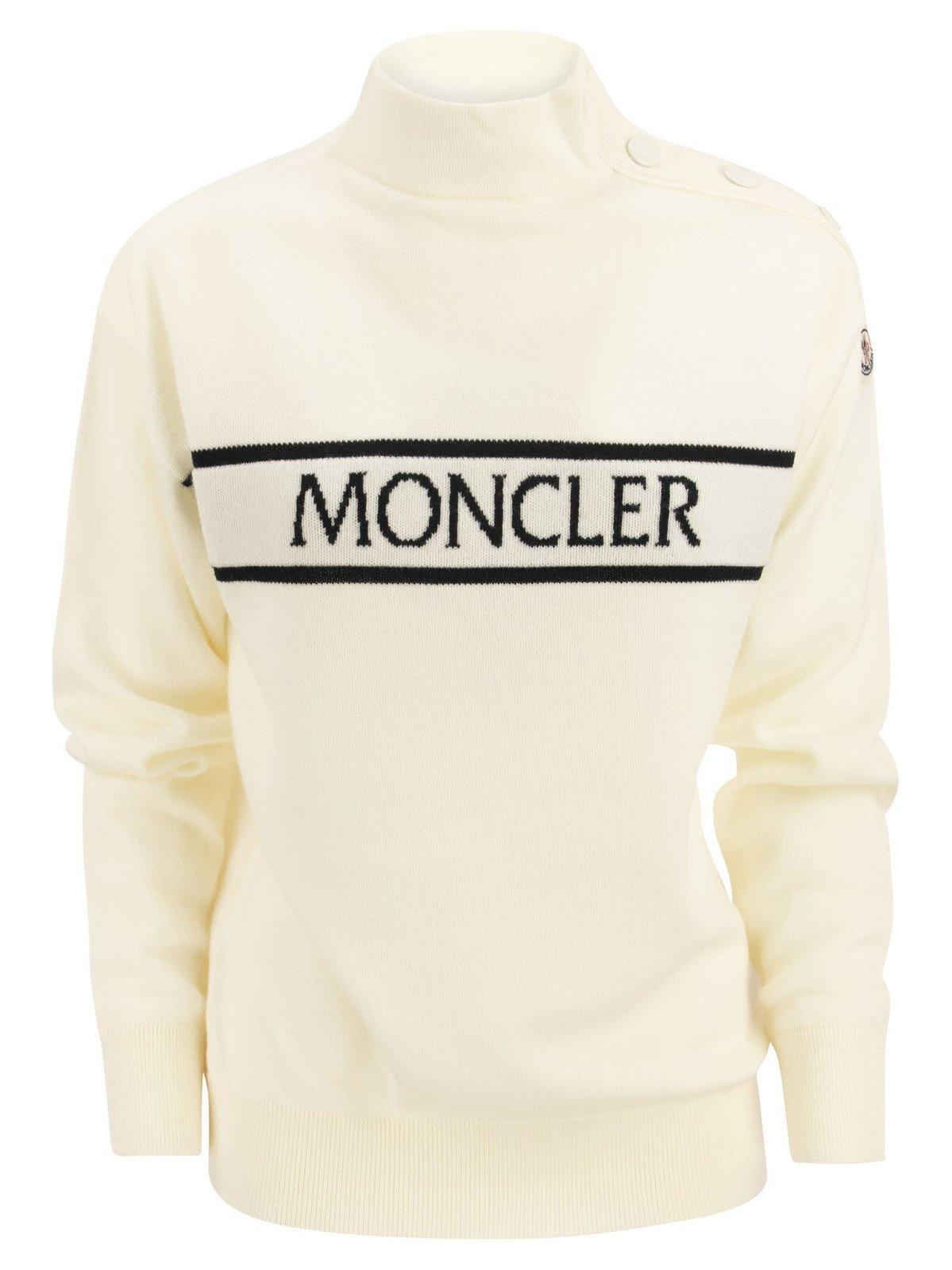 Moncler Logo Intarsia Turtleneck Sweater in Natural | Lyst