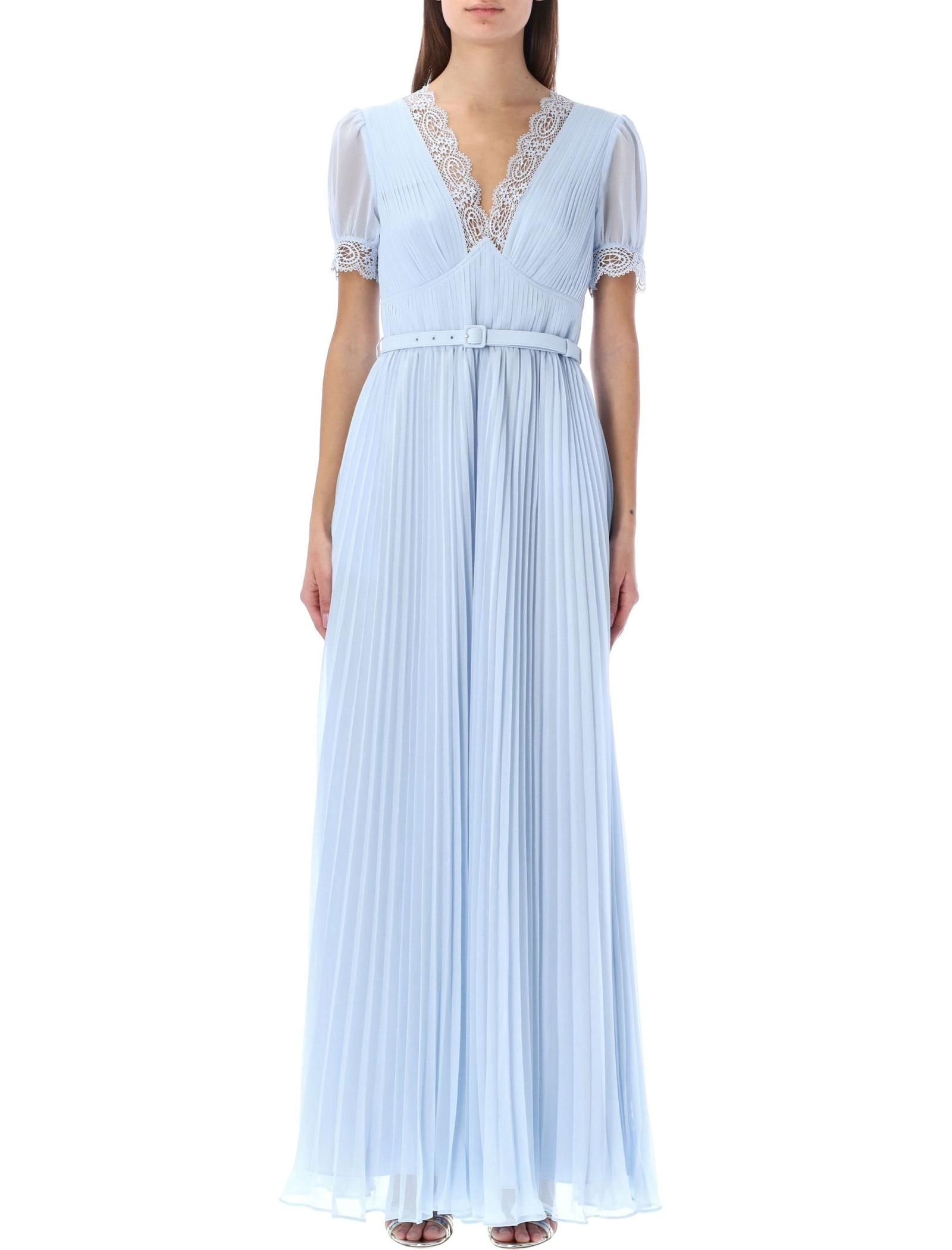 Self-Portrait Chiffon Pleated Maxi Dress in Blue | Lyst