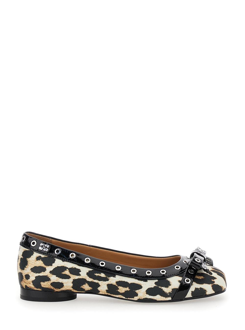Ganni Ballet Flats With Eyelets And All-Over Leopard Print in Black | Lyst