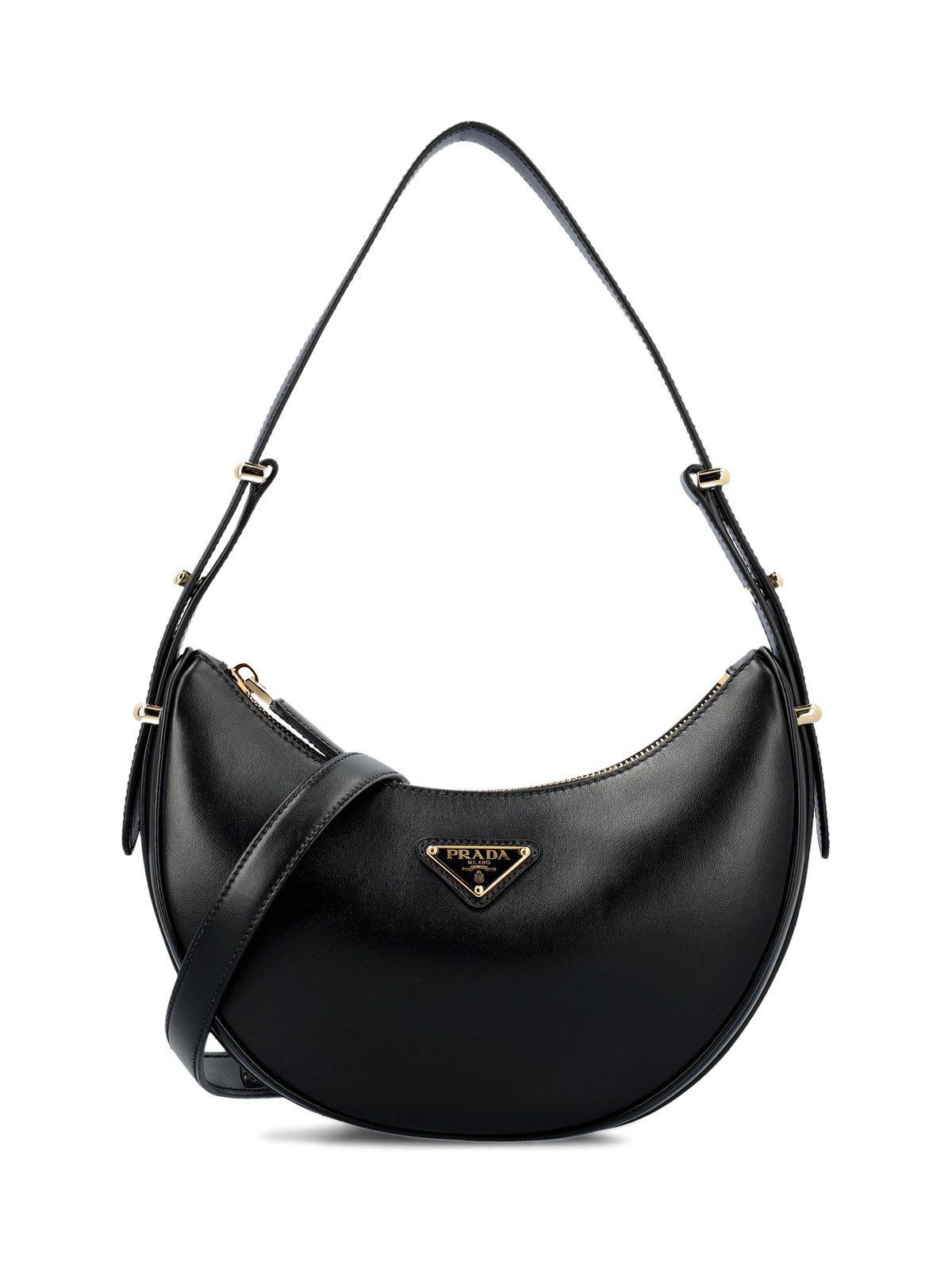 Prada Triangle Logo Plaque Moon Shaped Shoulder Bag in Black | Lyst