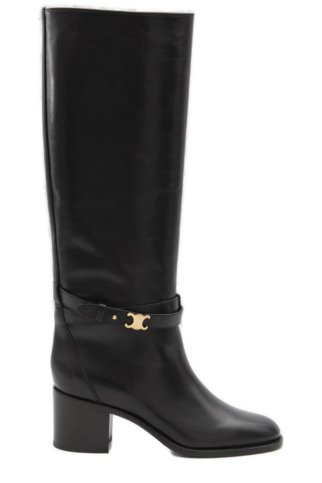 Celine Triomphe Logo Plaque Boots in Black | Lyst