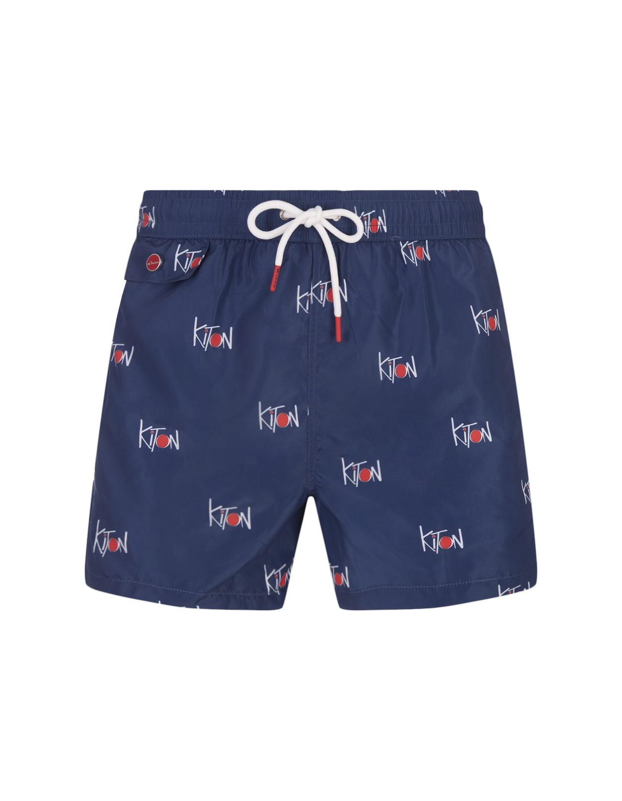 Kiton Navy Swim Shorts With All-over Logo in Blue for Men | Lyst