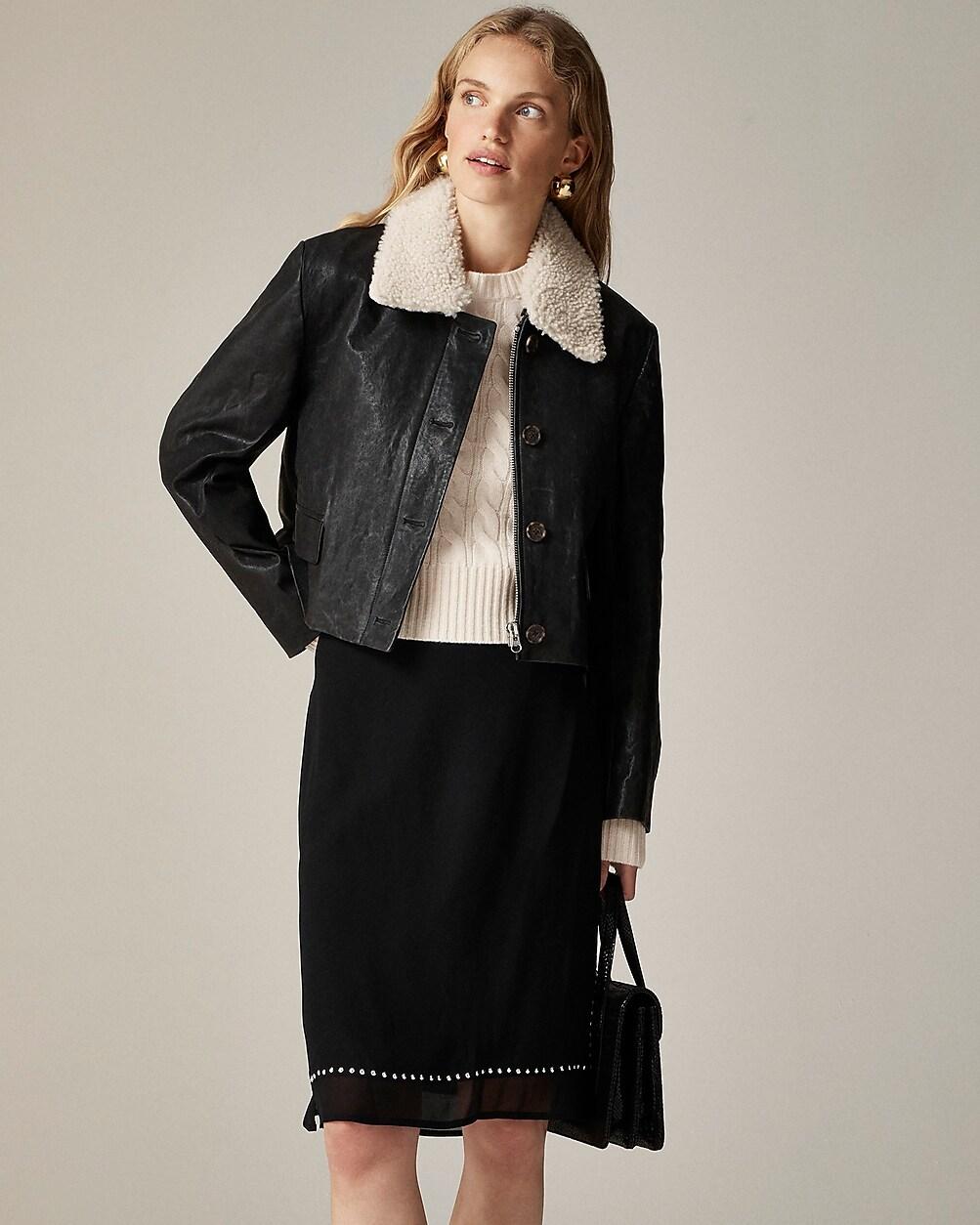 J.Crew Collection Cropped Leather Car Coat With Sherpa Collar in Black ...
