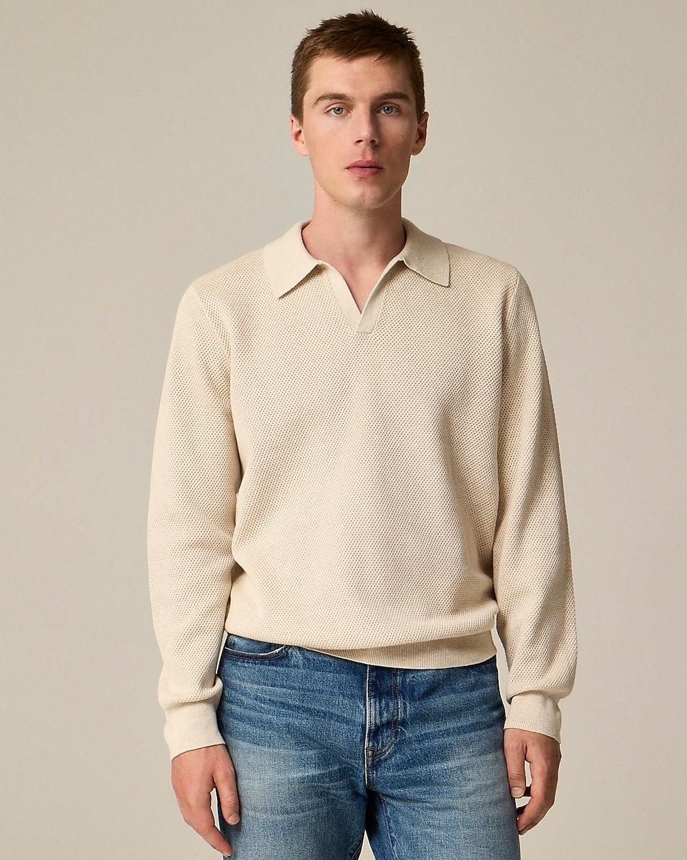 J.Crew Long-Sleeve Cotton Mesh-Stitch Johnny-Collar Sweater-Polo in ...