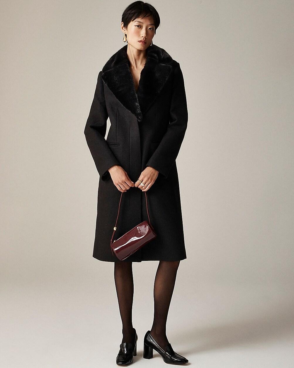 J.Crew Collection Savoy Faux Fur-Trim Topcoat in Black | Lyst