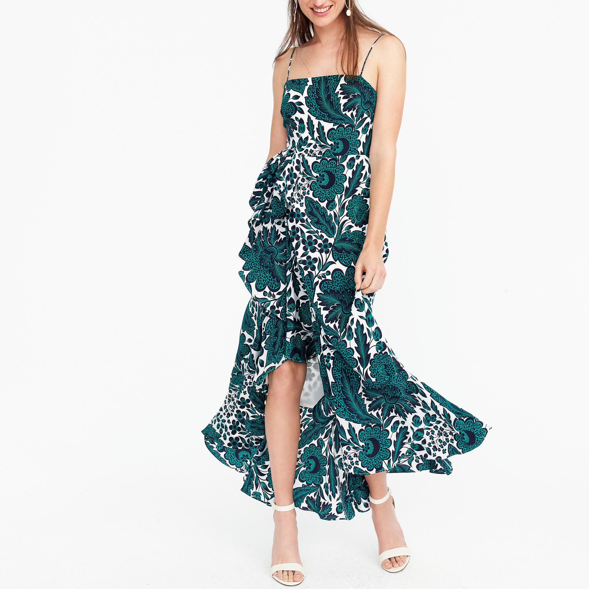 J Crew Ruffle Hi Low Silk Dress In Tropical Floral In Navy Green Blue