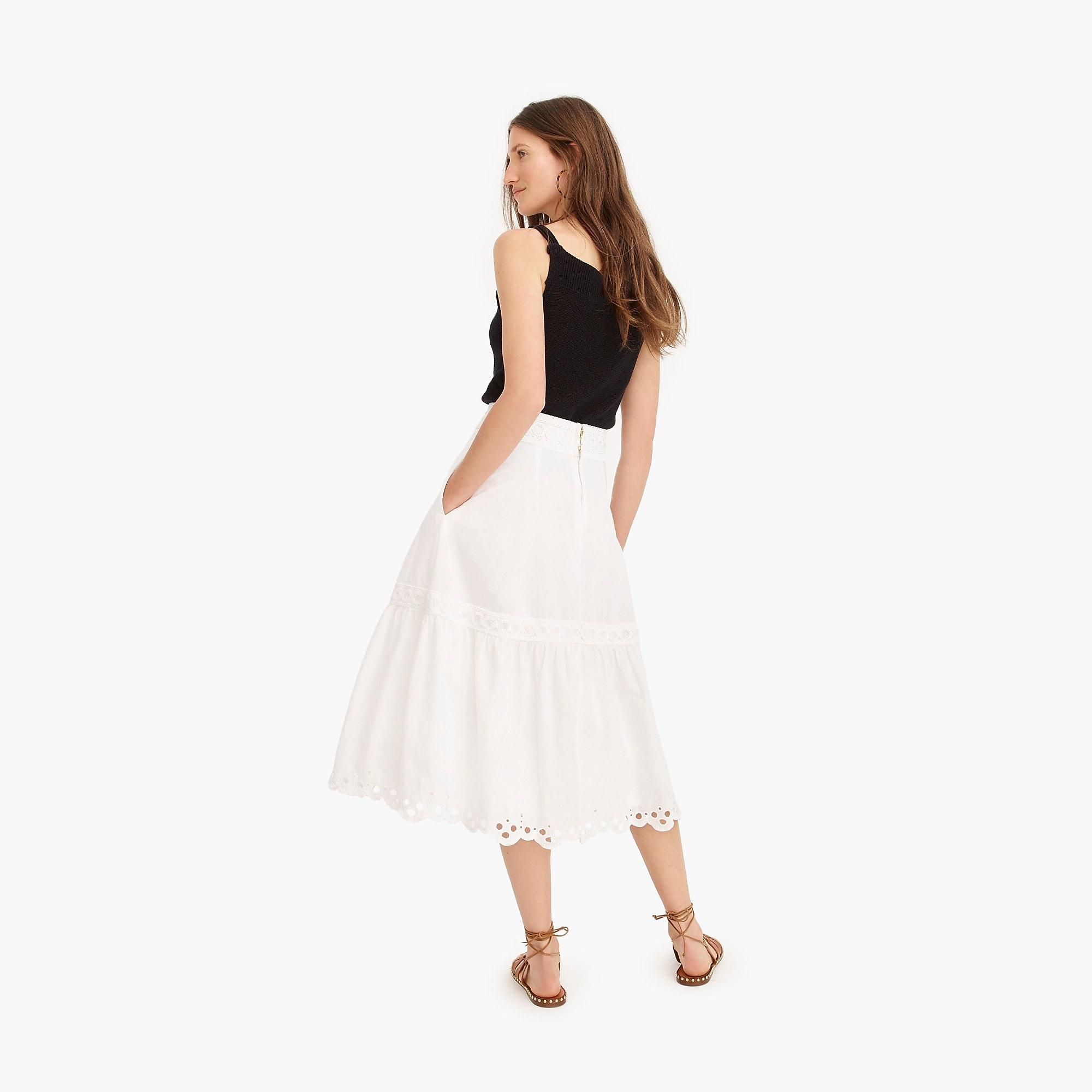 J Crew Midi Skirt With Eyelet Trim In Organic Cotton In White Lyst