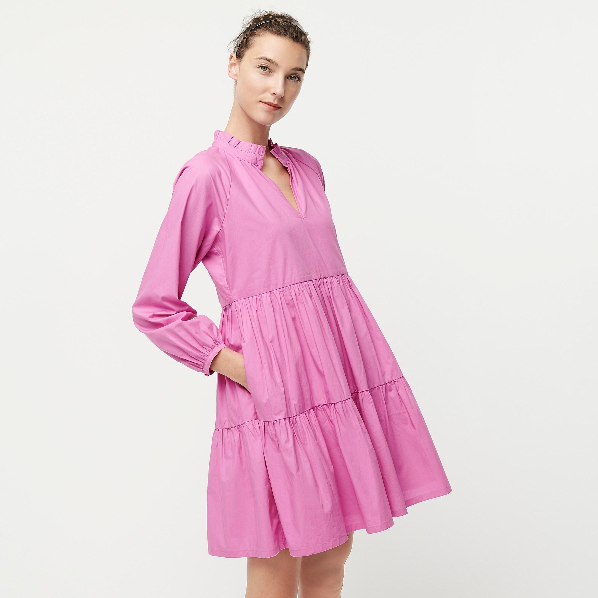 J Crew Tiered Popover Dress In Cotton Poplin In Vivid Fuchsia Pink Lyst
